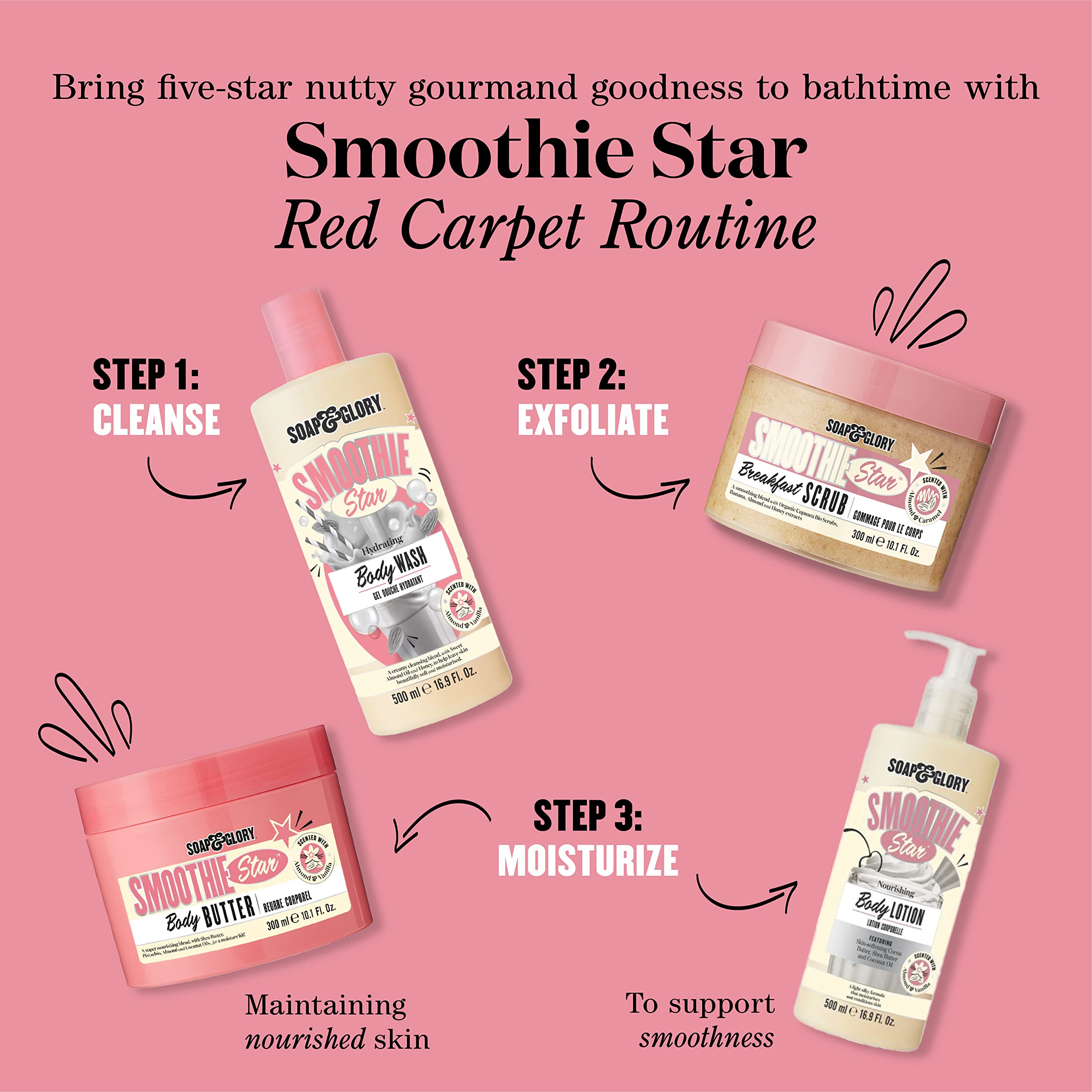 Soap & Glory Smoothie Star Exfoliating Breakfast Body Scrub - Buff & Smooth - Almond & Caramel Scented Body Polish - Brightening Scrub with Honey Extract + Sweet Almond Oil (300ml)