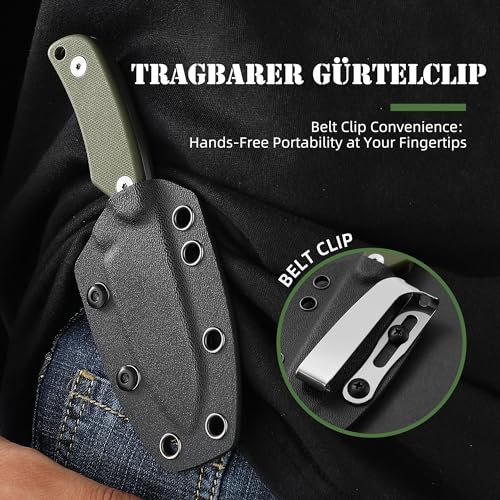 Omesio Neck Knife, Full Tang EDC Knife Necklace for Men, 5.82" Fixed Blade Knife with Kydex Sheath and Clip, Nessmuk Blade Small Knife D2 Steel G10 Handle for Outdoor, Survival, Camping