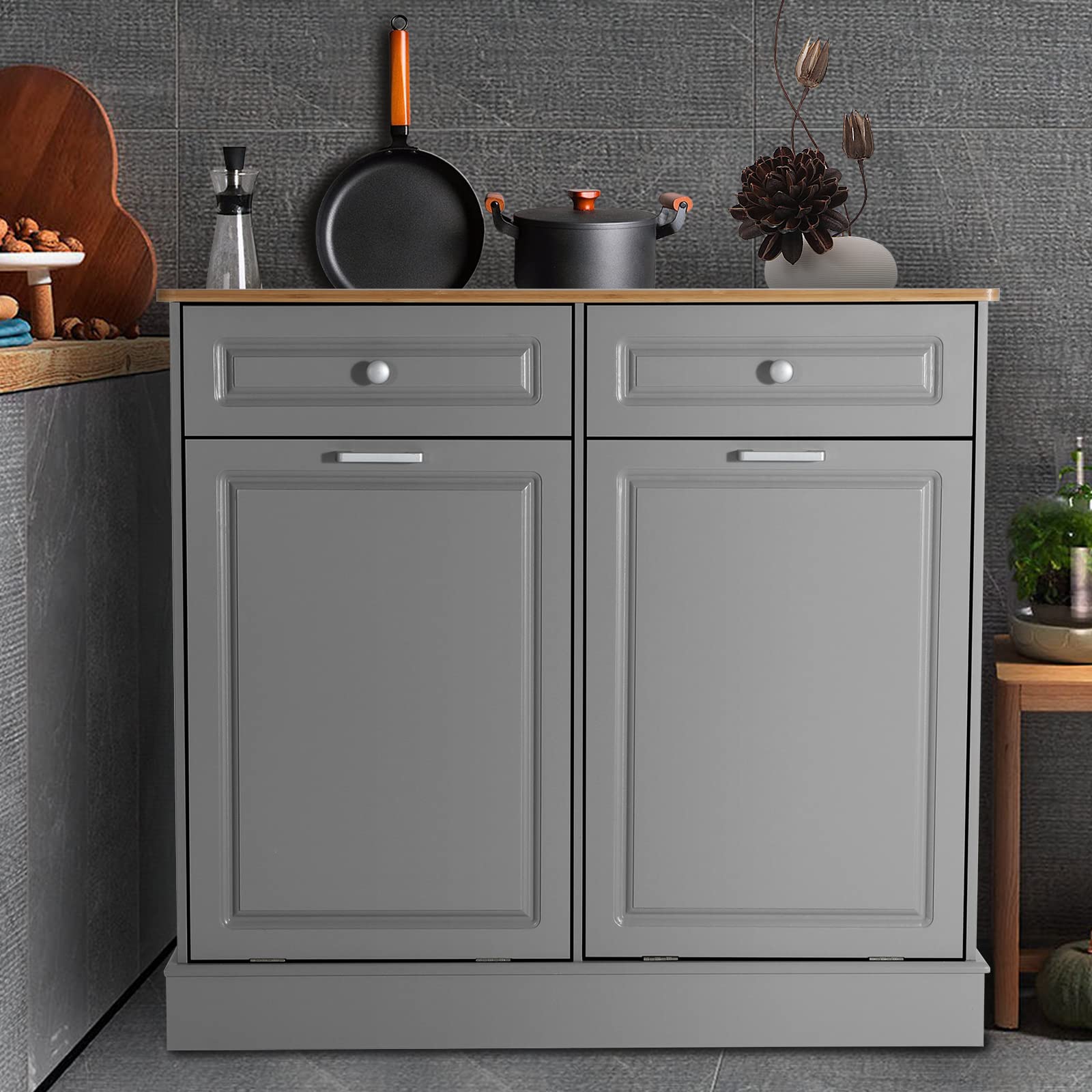 UEV Double Kitchen Trash Cabinets,Two Tilt Out Trash Cabinets with Solid Hideaway Drawers,Free Standing Wooden Kitchen Trash Can Recycling Cabinet Trash Can Holder (Grey)