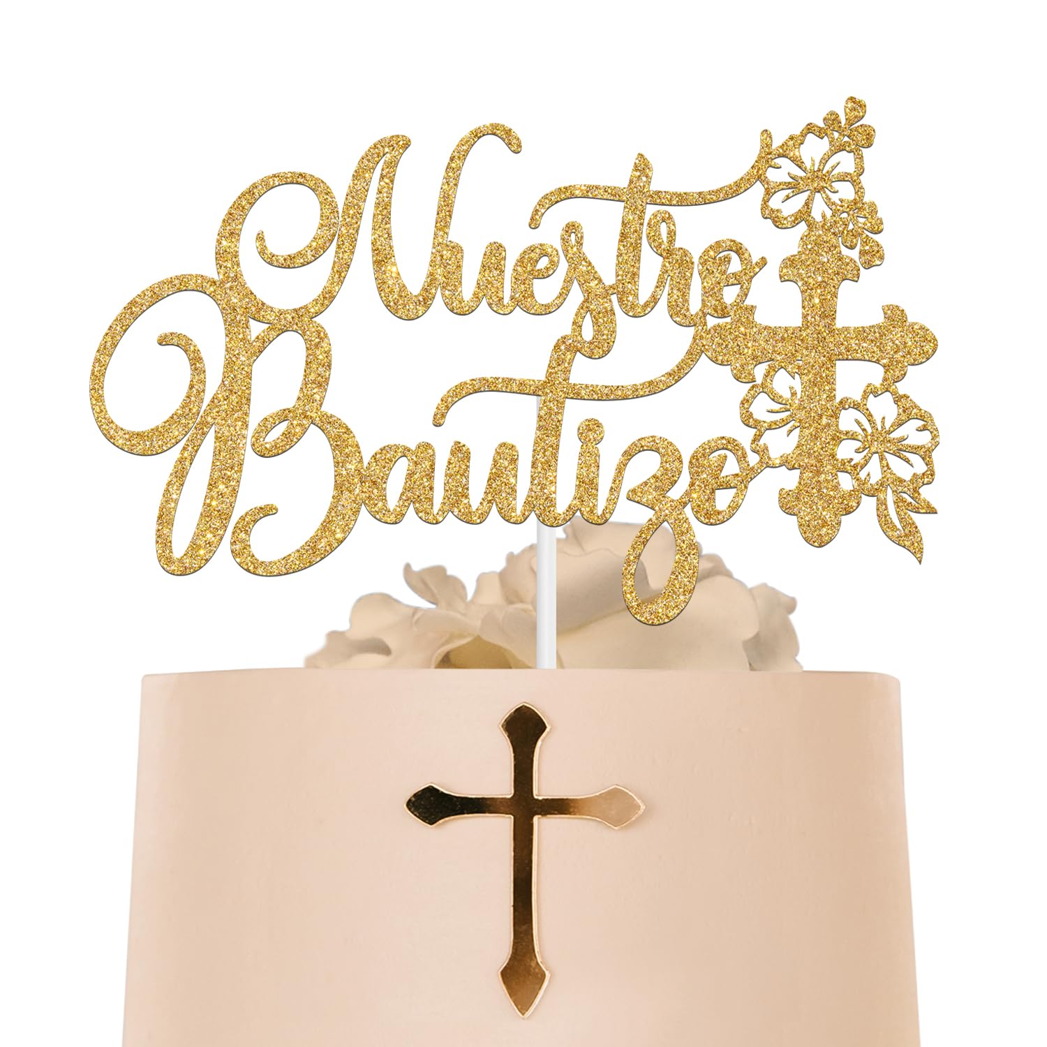 Nuestro Bautizo Cake Topper, Mi Primera Comunion, First Holy Communion, Bridal Shower/Wedding/Baptism/Christening Baby Shower Party Decorations, Gold Glitter