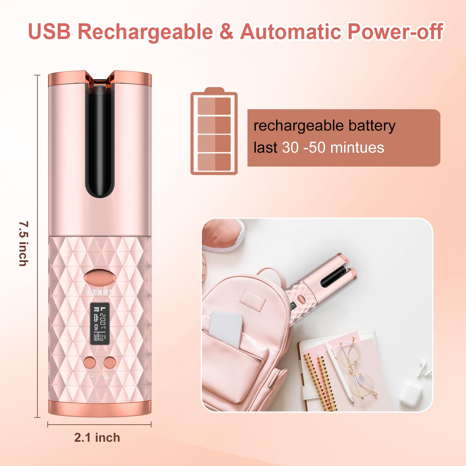 Automatic Curling Iron, Cordless Auto Hair Curler w/ 6 Temp & Timer, Rechargeable Ceramic Hair Curlers, Portable Rotating Curling Wand Styling Tool, Fast-Heating, Auto Shut Off