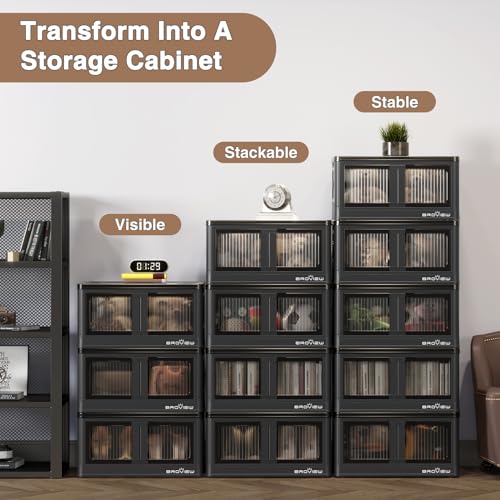 BROVIEW V5 33Gal Plastic Storage Bins with Lids, 4Pack Stackable Collapsible Storage Bins for Closet Organizers and Storage, Folding Storage Container Cabinets with Doors and Wheels, Black