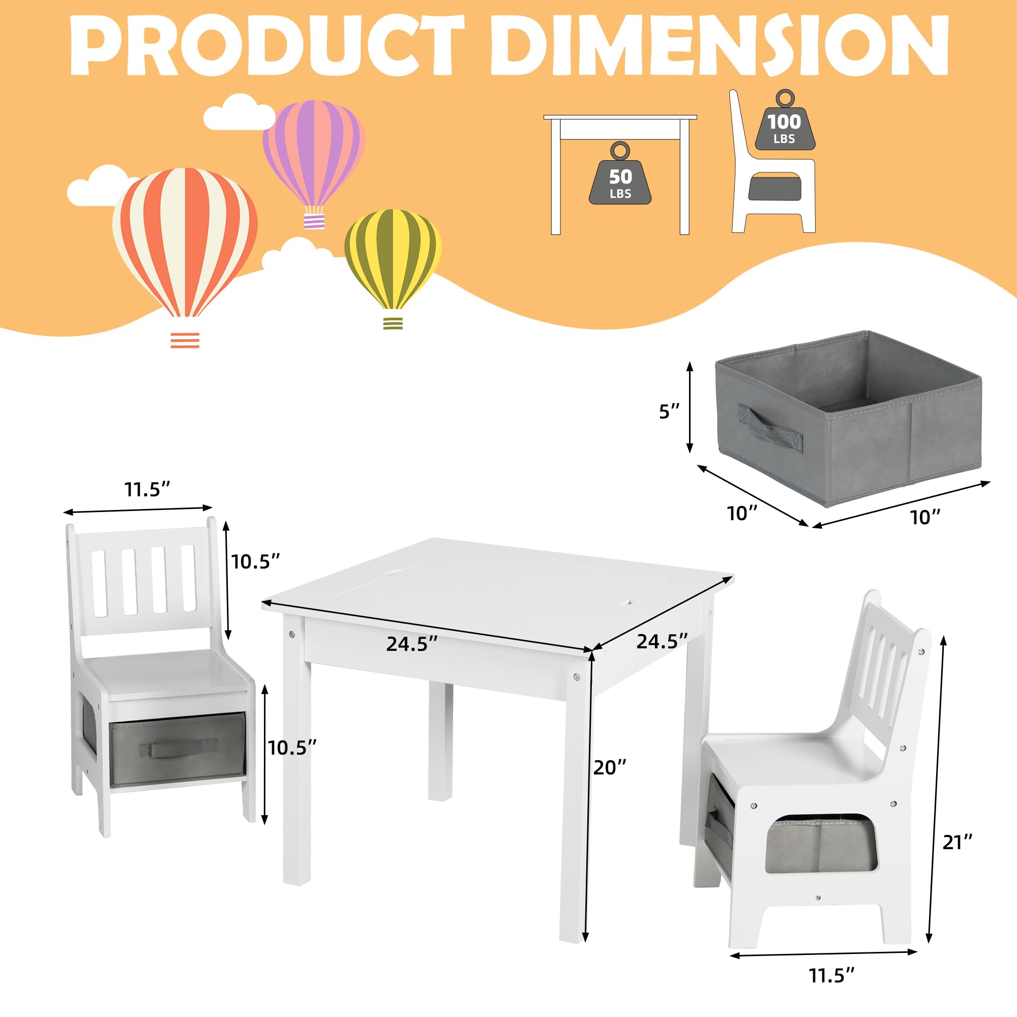 Kinder King Kids Wood Table & 2 Chairs Set, 3 in 1 Kids Construction Play Table, Toddler Activity Table w/Storage Space, Building Block Table for Child Art, Crafts, Reading, Playing, Grey