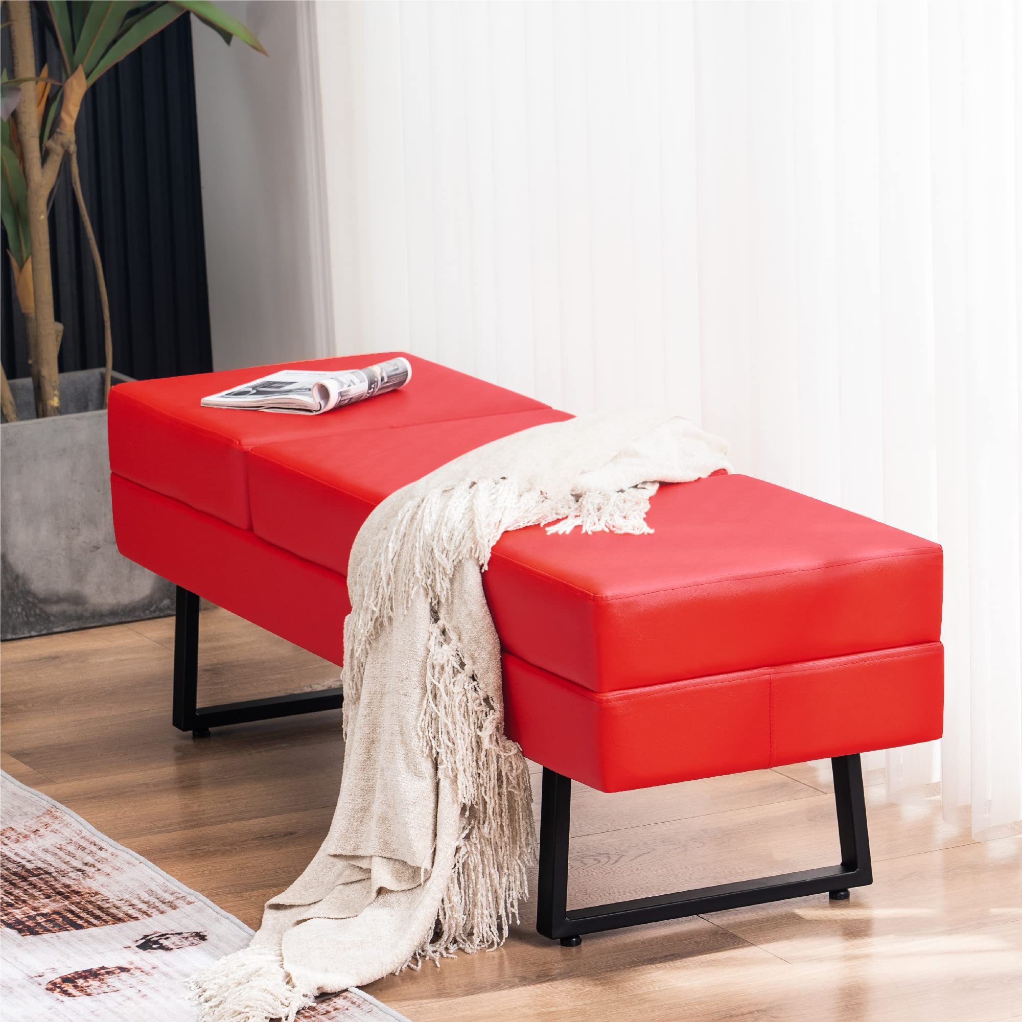 BarberPub Waiting Room Chairs, Heavy Duty Office Guest Reception Bench, Faux Leather Upholstered Lobby Chairs for Salon, Conference Room 7008 (Red)