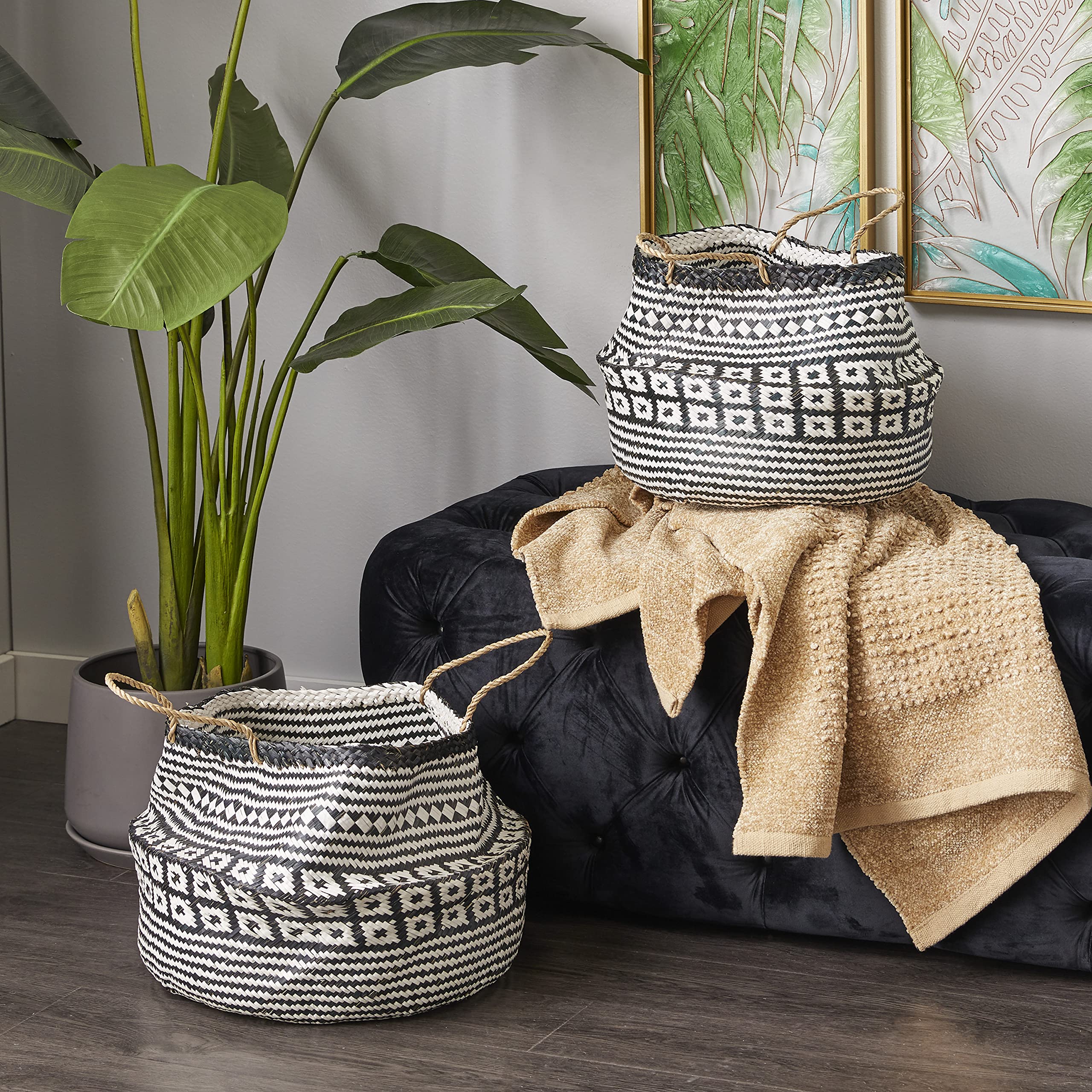 Deco 79 Wood Handmade Patterned Storage Basket with Handles, Set of 2 16", 14"H, Black
