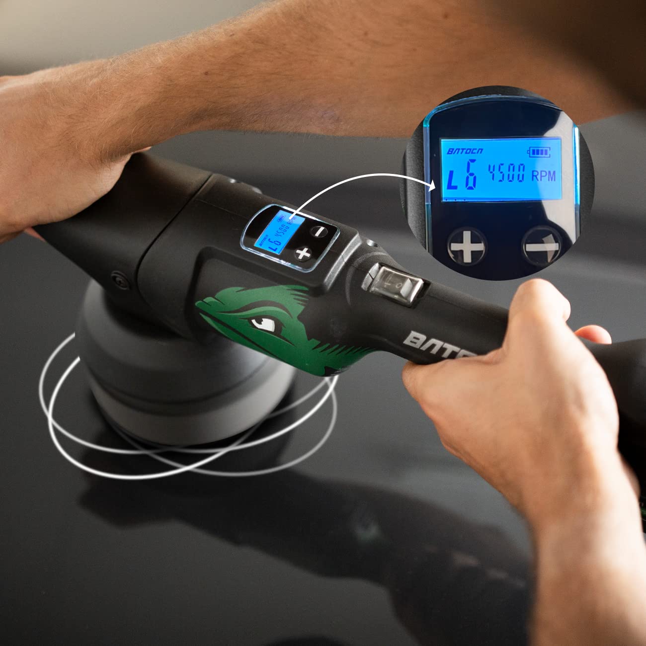 BATOCA S2 Cordless Random Orbital Polisher Buffer, 2Pcs 4.0Ah Batteries, LCD Display with 6 Variable Speed 2000- 4500 RPM Wireless Car Polishing Kit for Car Detailing, Polishing, Waxing, Cleaning