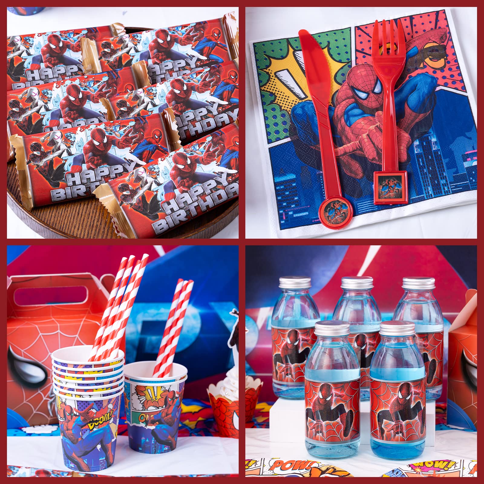 Birthday Party Supplies,186pcs Spider Theme Style Party Decorations Include Happy Birthday Banner,Backdrop,Tableware Set,Tablecover,Cake Toppers,Cupcake Toppers,Latex Balloons Set,Bottle Labels,Chocolate Stickers