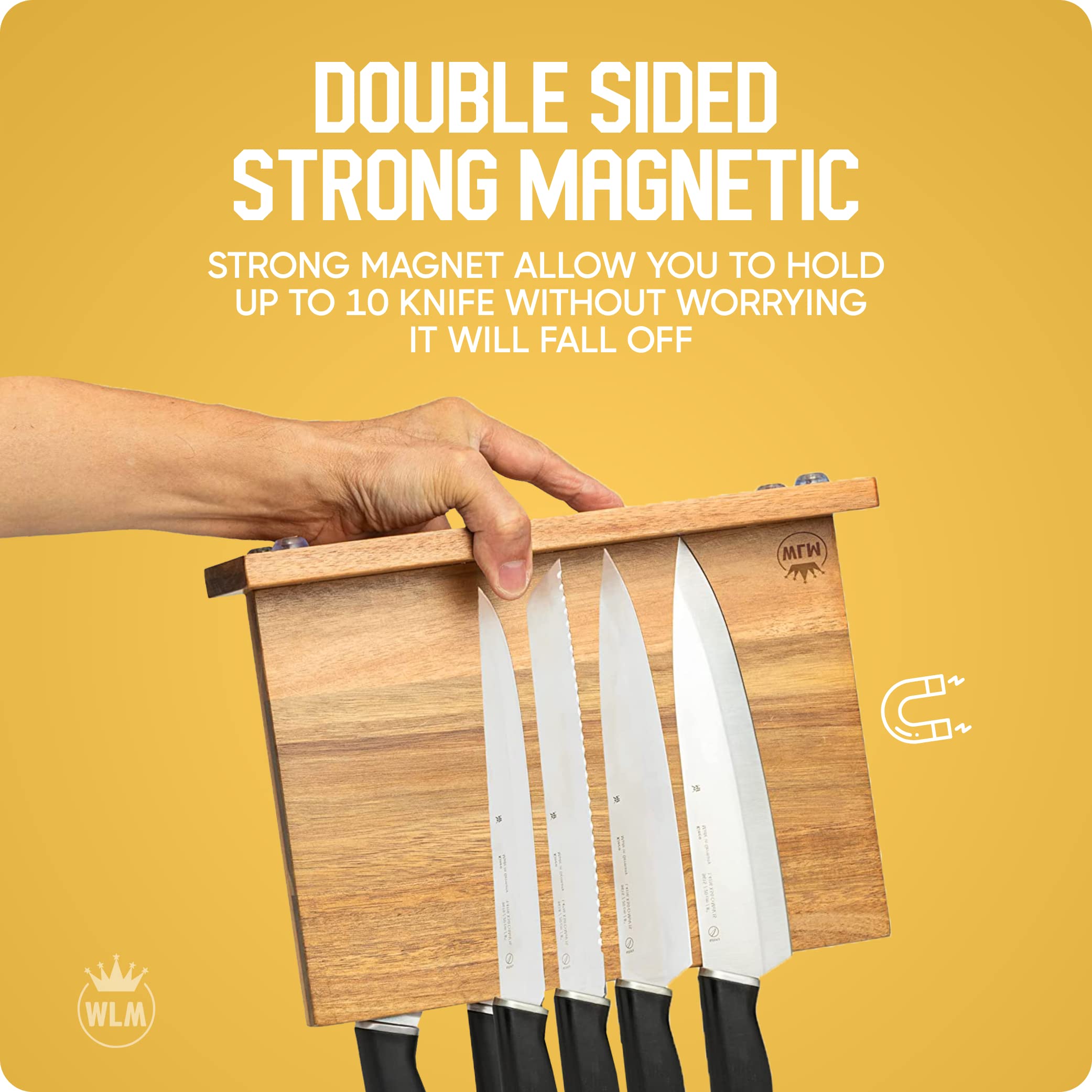 WLM Magnetic Knife Holder - Fully Assembled 12x9 In. Double-Sided Magnetic Knife Block with Strong Magnets, Acacia Wood, Multifunctional Storage Rack