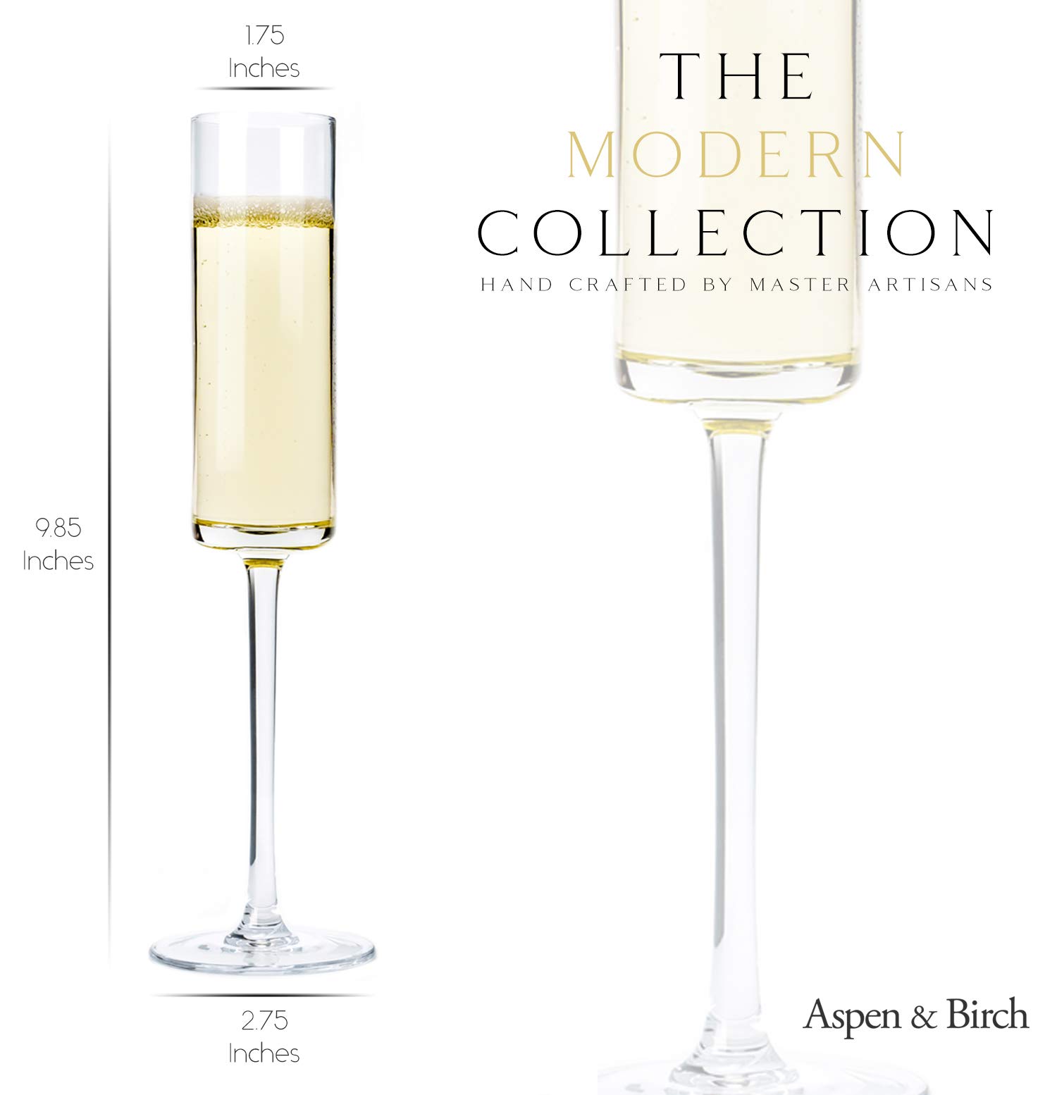 Aspen & Birch - Modern Champagne Flutes Set of 6 - Champagne Glasses - Mimosa Glasses, Crystal Stemware, Clear, 6 oz, Hand Blown Glass Champagne Flutes - Hand Crafted by Artisans