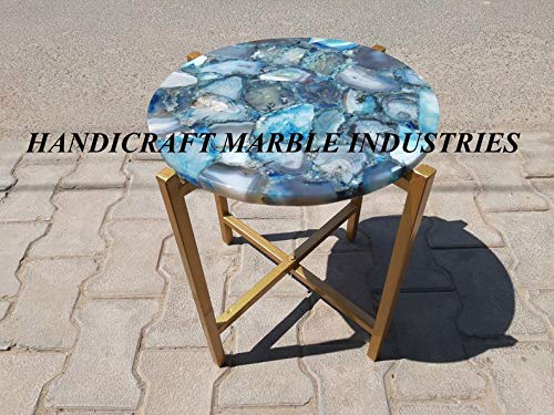 Blue Agate Stone Round Table Top 24" x 24" Inch With Metal Stand, Blue Agate Side Table And Stand, Customized Blue Agate Table, Piece Of Conversation, Family HeirLoom