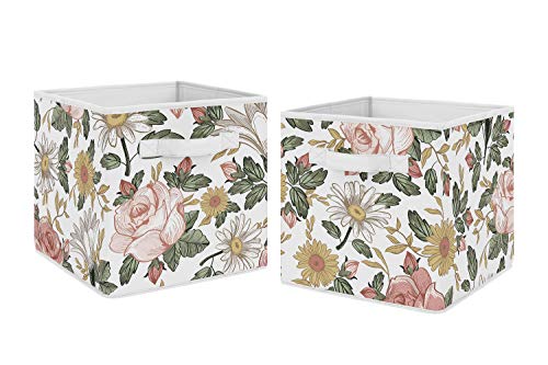Sweet Jojo Designs Vintage Floral Boho Foldable Fabric Storage Cube Bins Boxes Organizer Toys Kids Baby Childrens - Set of 2 - Blush Pink, Yellow, Green and White Shabby Chic Rose Flower Farmhouse