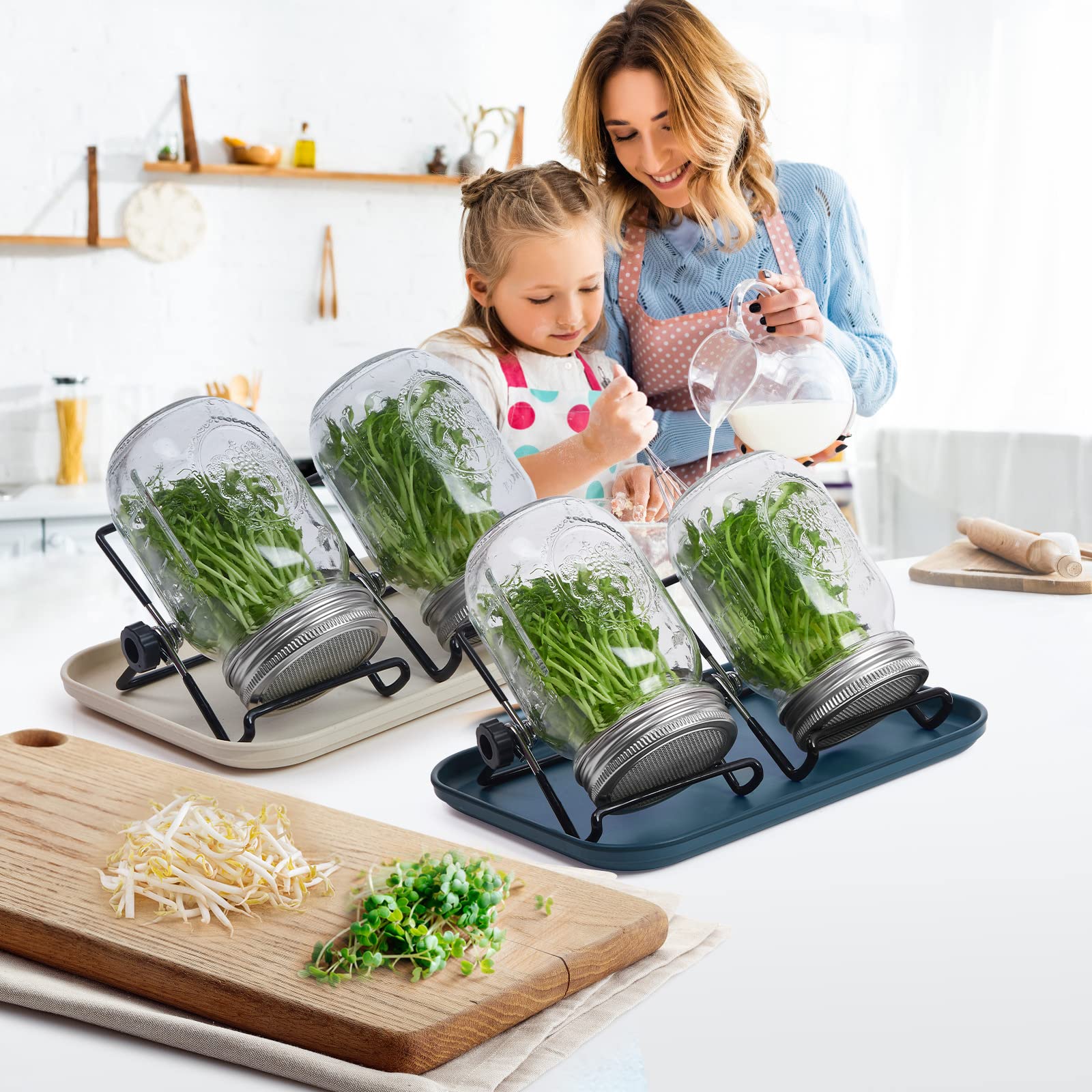 BARIKUEO 4PCS Stainless Steel Sprouting Lids,2 Stainless Steel Sprouting Stands,Drip Tray,Label sticker, 8 Pack Mason Sprouting Jar Kit (Not Include Mason Jar) for Regular and Wide Mouth Mason Jars