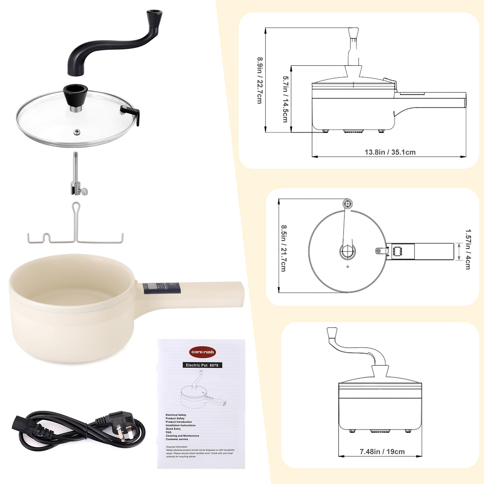 Multifunctional Electric Hot Pot Cooker, Upgraded Non-Stick Stainless Steel 1L Mini Portable Lazy Pot Popcorn Ramen Maker for Steak Egg Soup Travel with Long Handle Power Adjustment milky white