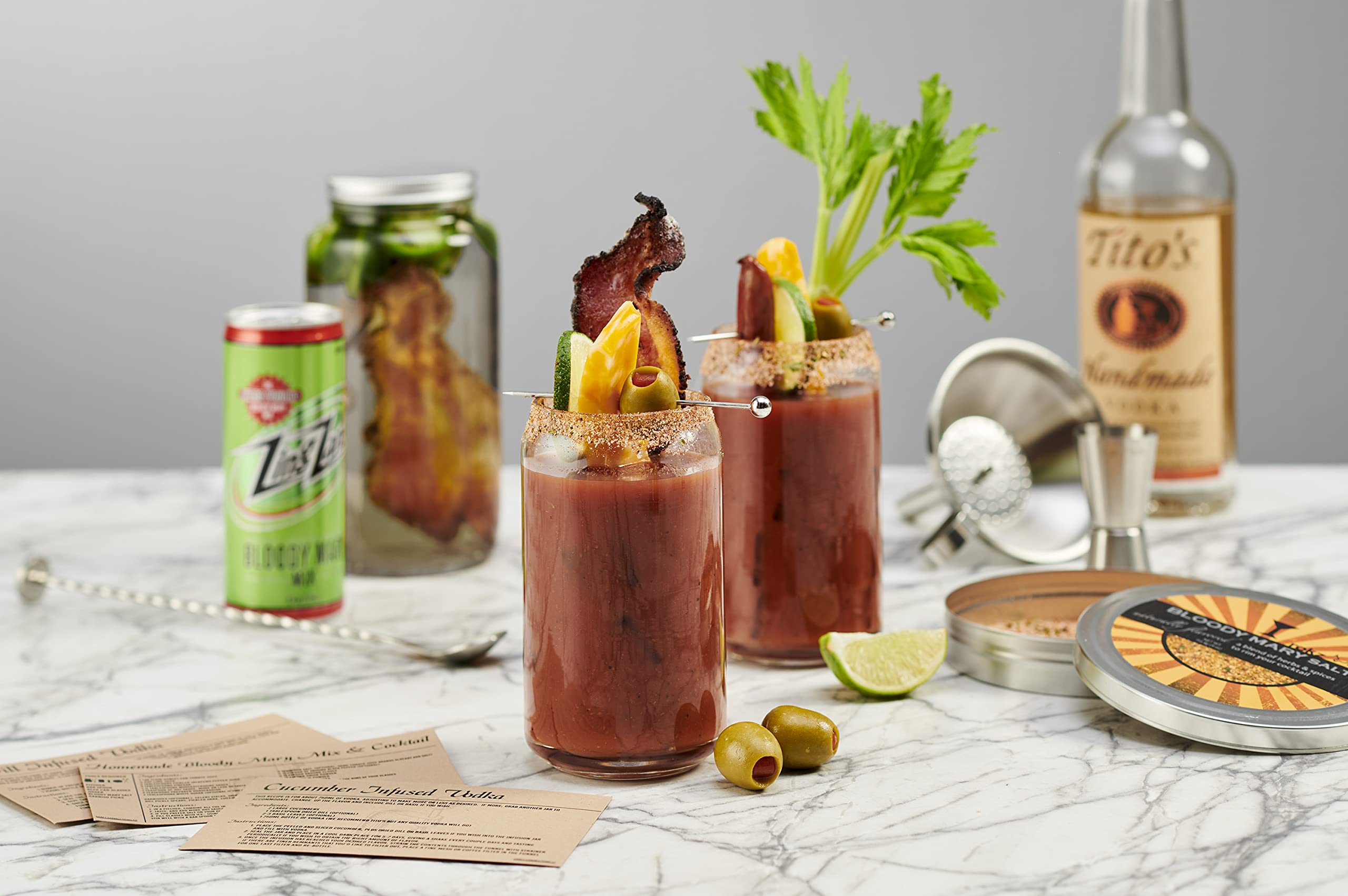 Bloody Mary Cocktail Kit: 16 oz Beer Can Drinking Glass Set | Zing Zang Bloody Mary Mix | Rokz Salt Tin | Infusion Jar | Bar Spoon | Jigger | Garnish Picks | Recipe Cards