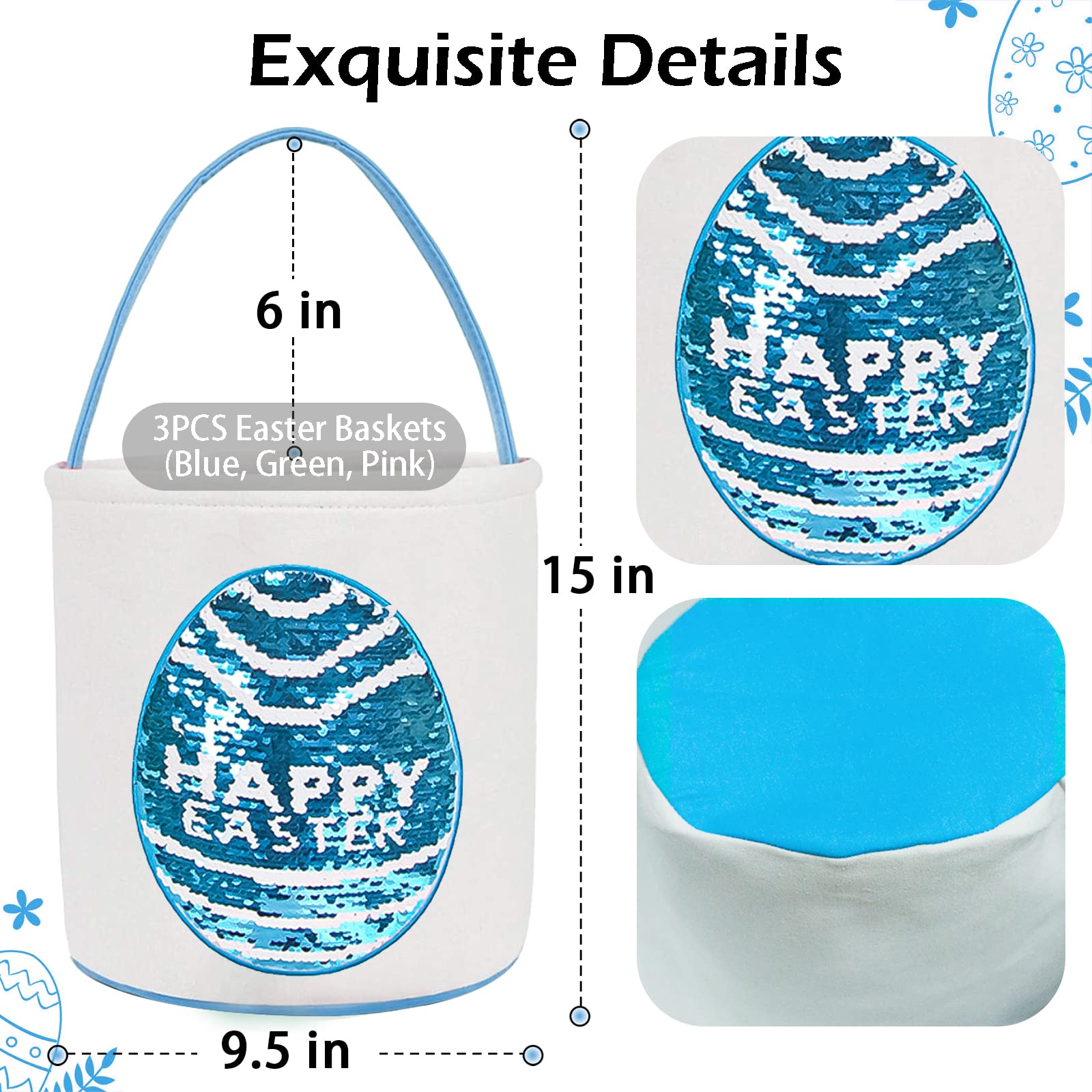 Easter Baskets for Kids, Easter Eggs Hunt Basket, Personalized Basket Canvas Cotton Carrying Gift and Eggs Hunt Bag, Easter Gift Basket for Boys Girls, Candy Buckets, 3 Packs