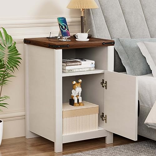 Breezestival Farmhouse Nightstand, End Table with USB and Socket, Wooden Side Table with Barn Door, Set of 2 with Storage Space, Suitable for Bedroom,Living Room, White