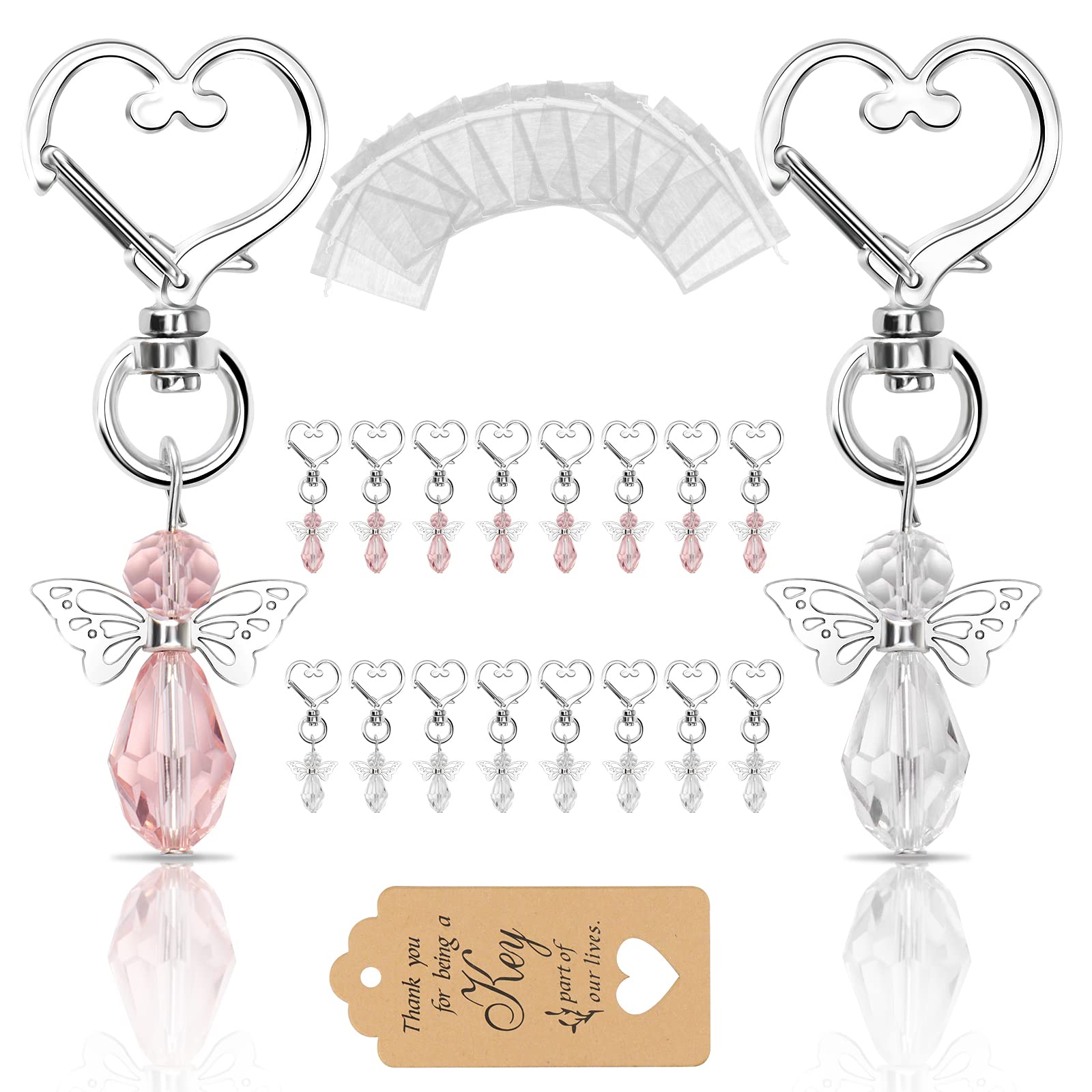 Dreamtop 30 Sets Angel Keychains Favor Angel Charms Angel Wing Pendant with Thank You Tags Drawstring Organza Bag Guest Return Gifts for Wedding Baby Shower Baptism Favors for Girls (Pink+White)