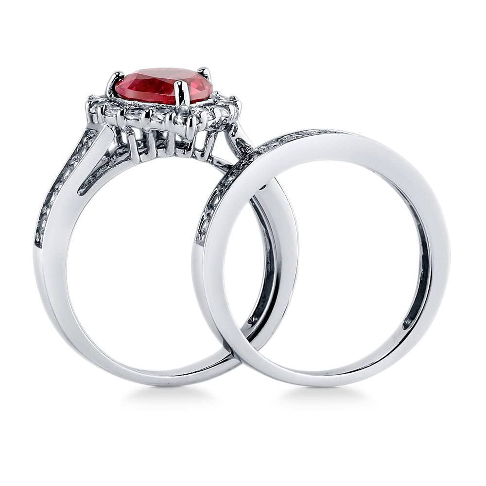 BERRICLE Sterling Silver Halo Wedding Engagement Rings Simulated Ruby Cubic Zirconia CZ Statement Heart Ring Set for Women, Rhodium Plated Size 8