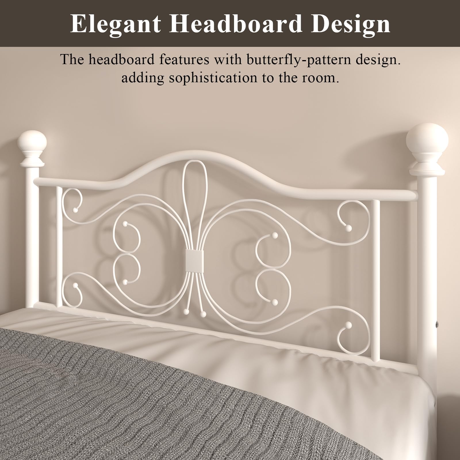 LoVinson Full Size Bed Frame,Metal Platform Bed Frame with Headboard, Butterfly Pattern Design Headboard & Footboard, Strong Metal Slat Support, Easy Assemble, No Box Spring Needed, Noise Free, White