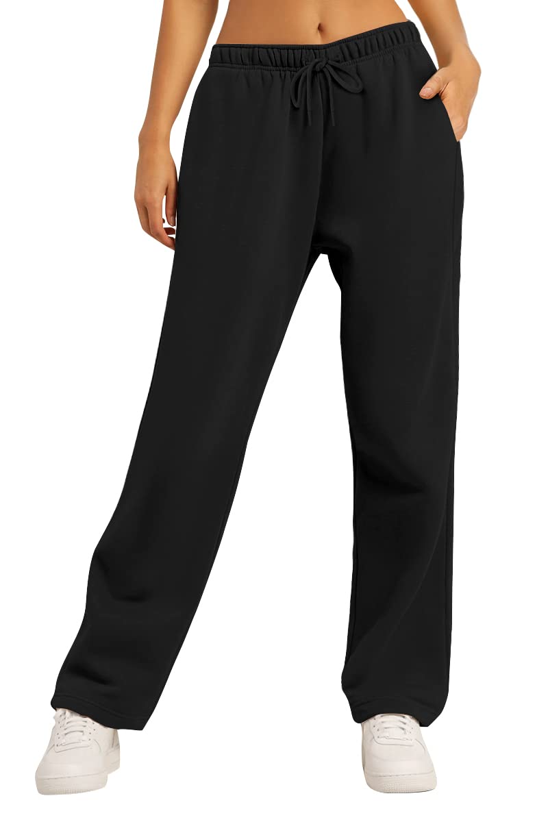 AUTOMET Women’s Trendy Sweatpants Fleece Lined Baggy Open Bottom Comfy Pants Drawstring Casual Sports Joggers Fall Outfits Black