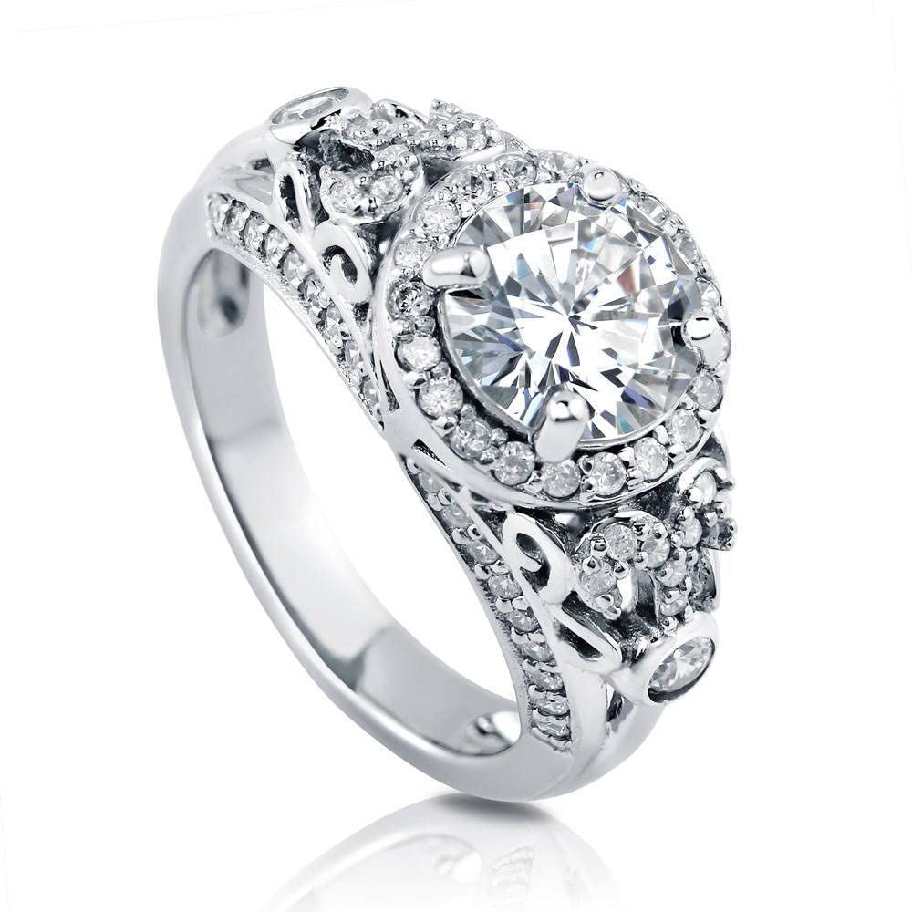 BERRICLE Sterling Silver Halo Wedding Engagement Rings Round Cubic Zirconia CZ Art Deco Ring for Women, Rhodium Plated Size 5