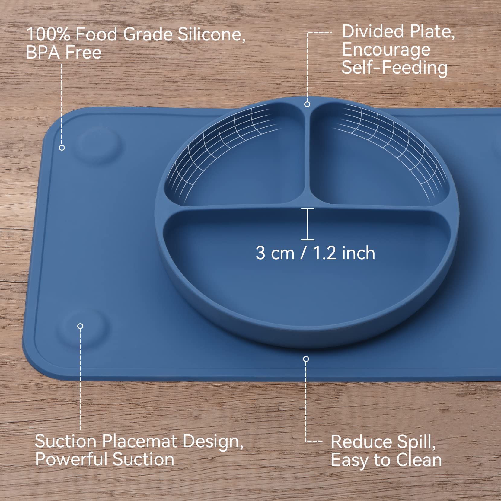 BABELIO Baby Plates with Suction, Silicone Suction Plate for Toddlers & Babies, Divided Dishes | Placemat Plate Design | 100% Silicone | BPA Free | Dishwasher Safe (Blue)