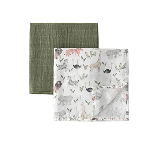 Little Jump Bamboo Muslin Swaddle Blankets - 2 Pack Jungle & Green - Softest Baby Receiving Blankets for Boys and Girls (Jungle & Green)