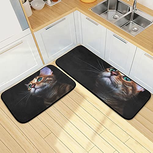 Bengal Cat Kitchen Rugs and Mat 2 Pieces Set Cushioned Anti Fatigue Kitchen Mat Non Slip Doormat Runner Carpet Washable Farmhouse Decor for Home Kitchen Hallway Bedroom