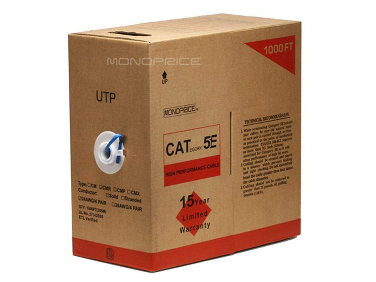Monoprice 1000FT 24AWG Cat5e 350MHz UTP Solid, Riser Rated (CMR), Bulk Ethernet Bare Copper Cable - Blue