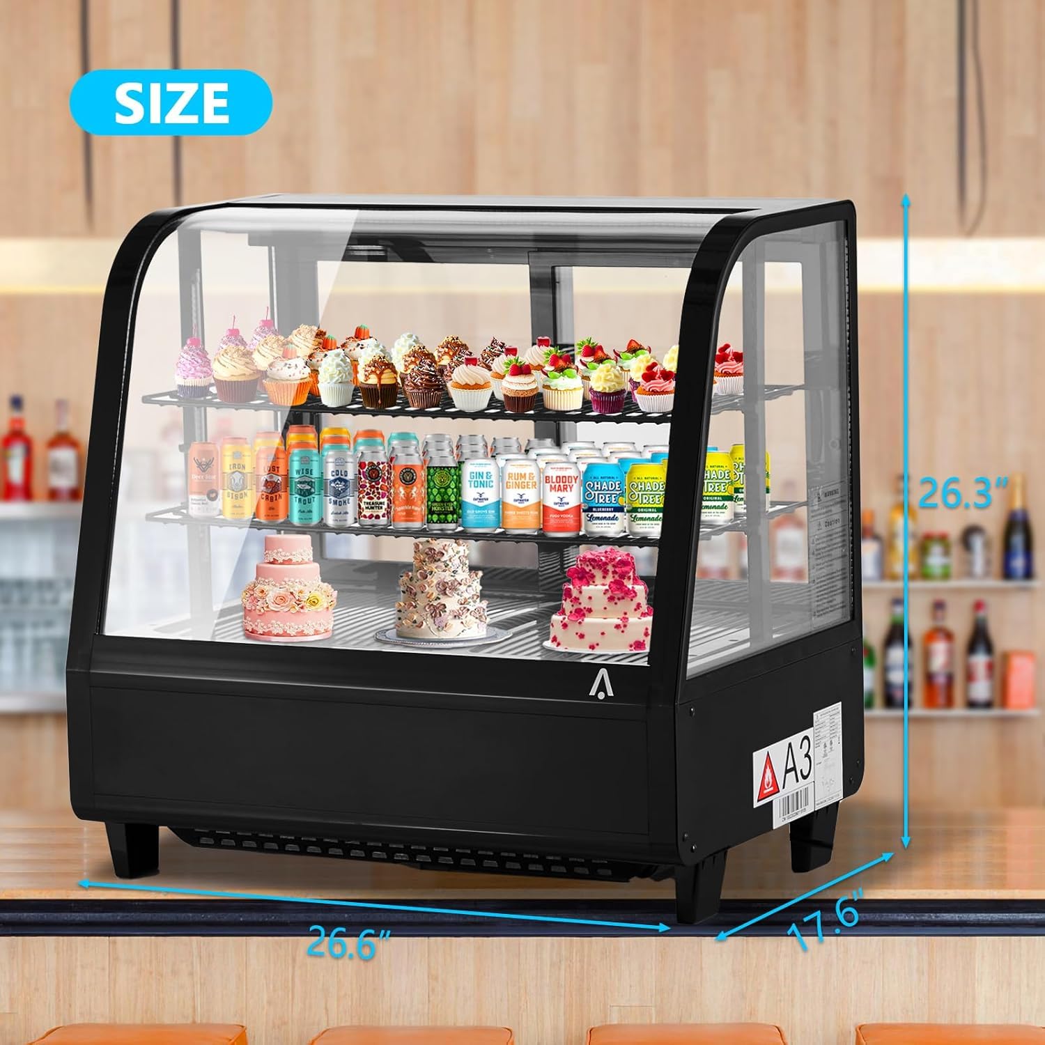 Commercial Fridge Display Refrigerator, 3.6 Cu.Ft./100L Countertop Refrigerator Display Case, Commercial Cake Display Refrigerator with Tempered Glass Door, 2 LED Light and 2 Adjustable Shelves, Black