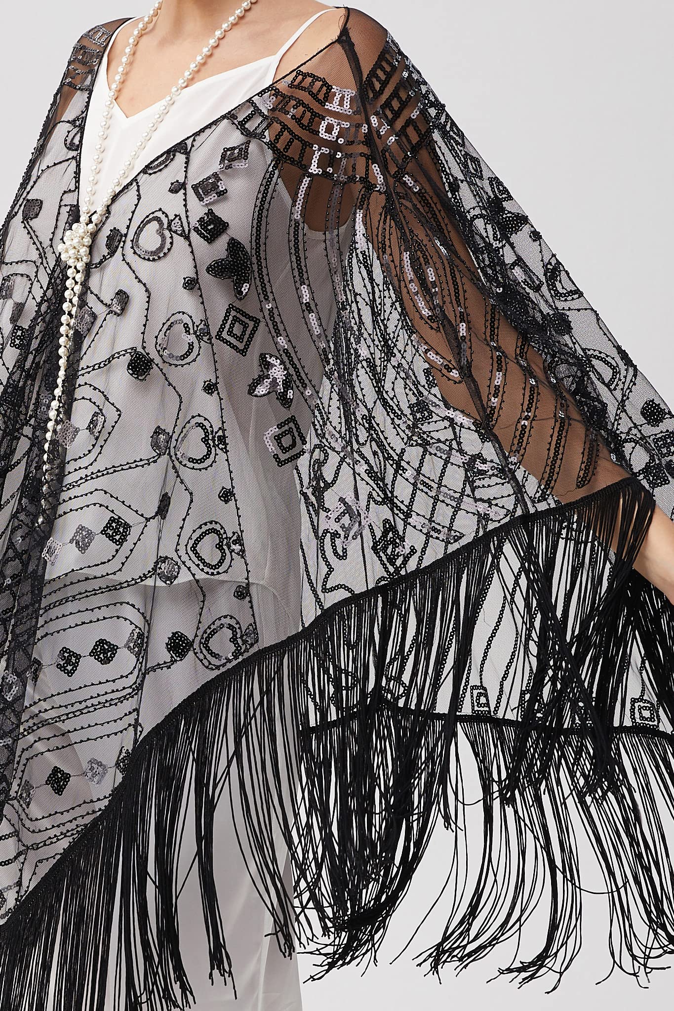 BABEYOND 1920s Sequin Beaded Shawl Wraps Fringed Evening Cape Scarf for Wedding (Black with Black Sequins)