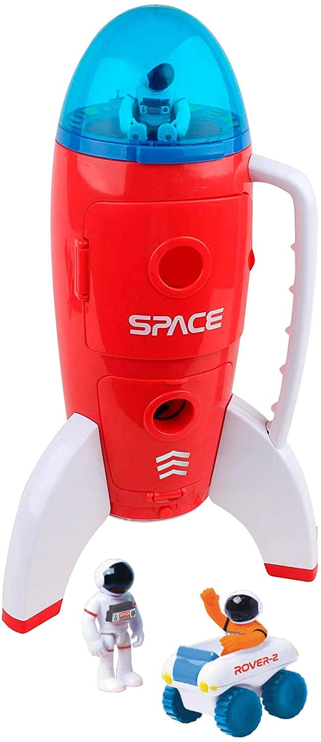 Astro Venture Spaceship Rocket Toy Playset with 2 Astronauts and Rover Vehicle - Lights and Sound Effects, Plus Carrying Handle for Blasting to The Moon and Flying Back - Play and Explore Space Toys