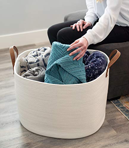 Sweetzer & Orange Extra Large Woven Cotton Rope Storage Basket – 23”x20.5”x15.5” w/Vegan Handles - Blanket Storage Baskets, Laundry and Toy Storage, Nursery Hamper - Off White XXL for Living Room