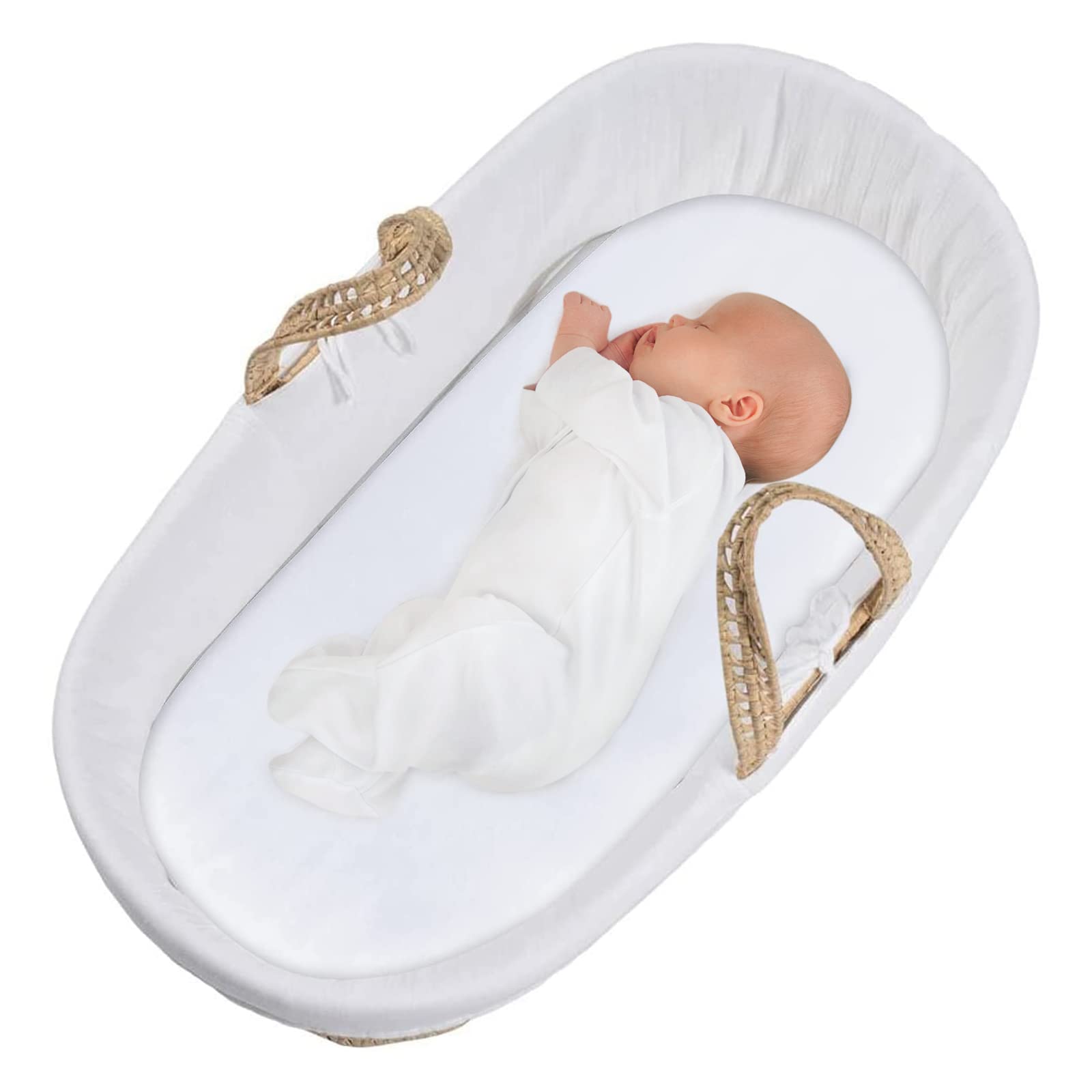 Bassinet Sheet 2 Pack Cotton Fitted Sheets Set for Oval Rectangle Hourglass Bassinet Mattress and Moses Baskets, Super Soft and Breathable Cover for Baby Girl Boy 32''x16''x4'', White