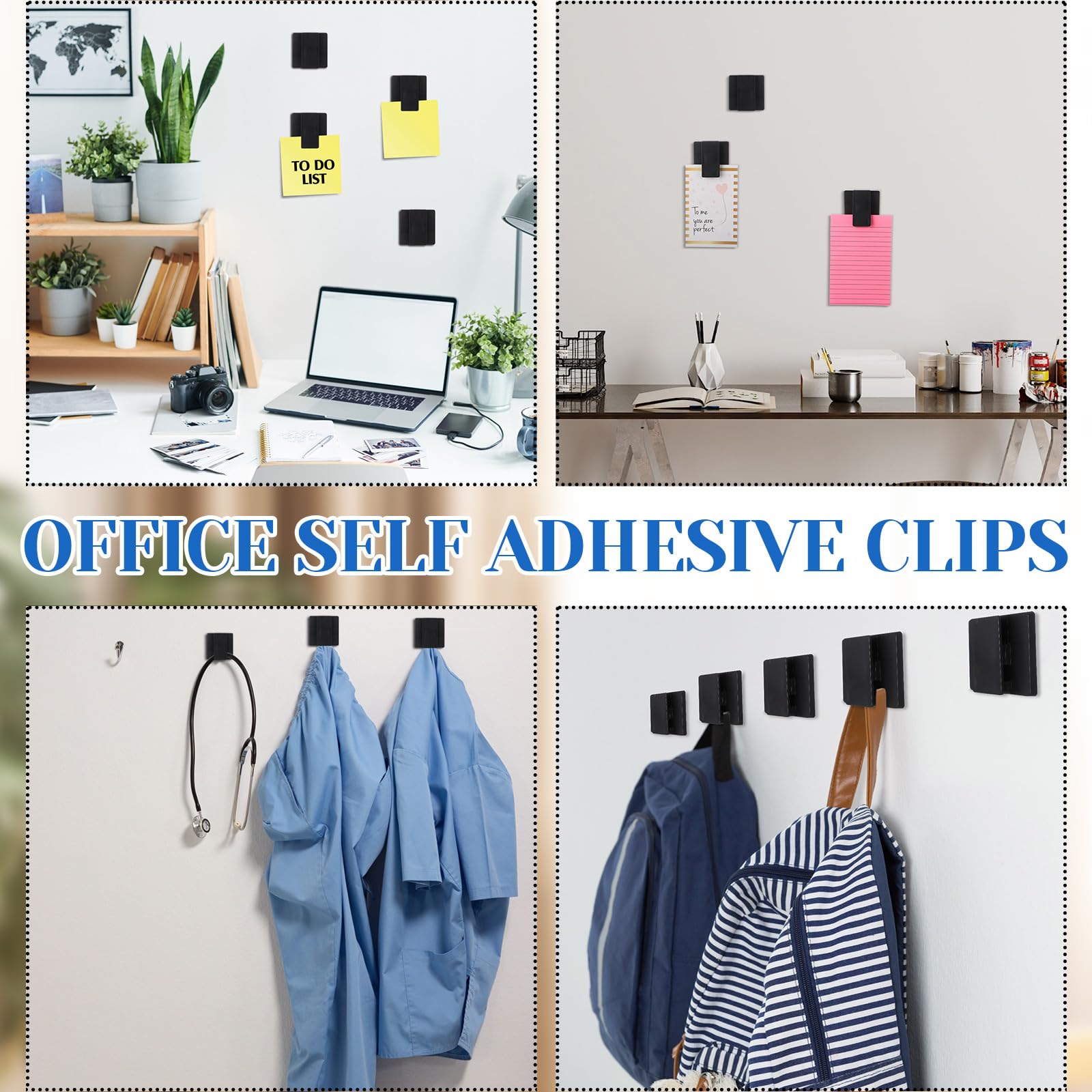 Briwooody 8 Pcs Large Self Adhesive Clips Spring Clip Hook Adhesive Wall Clips Anti Slip Hanging Clips No Drilling Adhesive Towel Holder Adjustable Spring 15 mm for Bathroom Kitchen Home Hotel (Black)