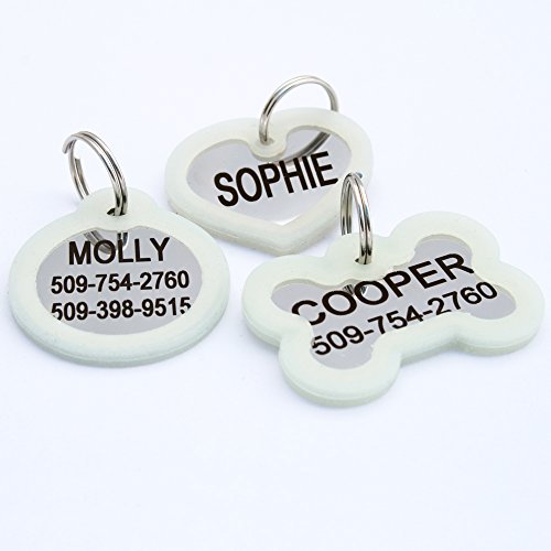 GoTags Personalized Dog Tags in Stainless Steel, Includes Glow in The Dark Tag Silencer to Reduce Noise and Protect Tag and Engraving, No Noise, Quiet Pet Tags, 2 Side Engraving, (Bone Shape)