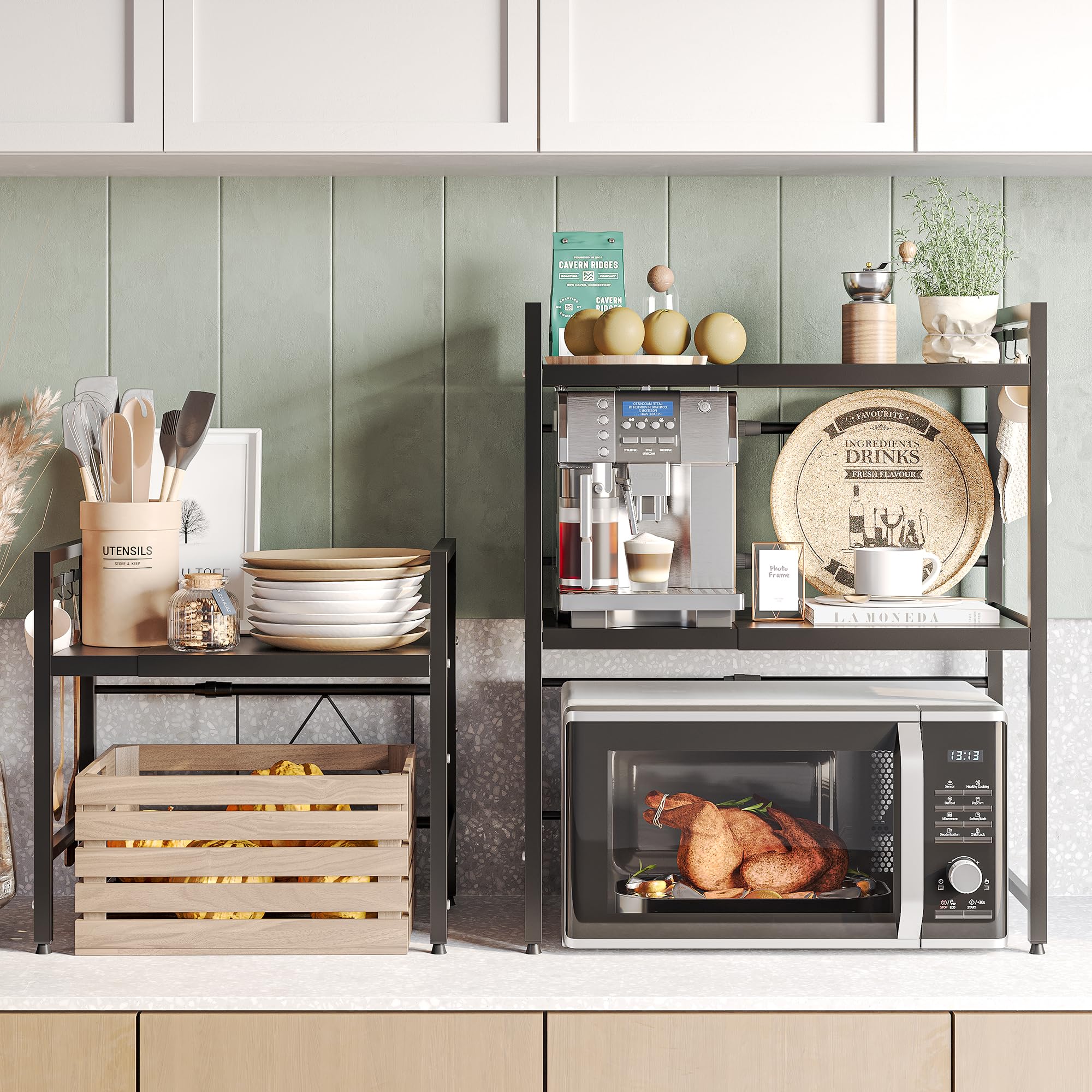 NETEL Expandable Microwave Stand,2 Tier Metal Kitchen Countertop Organizer Shelves with 8 Hooks,Bakers Rack,Microwave Shelf,Microwave Oven Rack,55lbs Weight Capacity