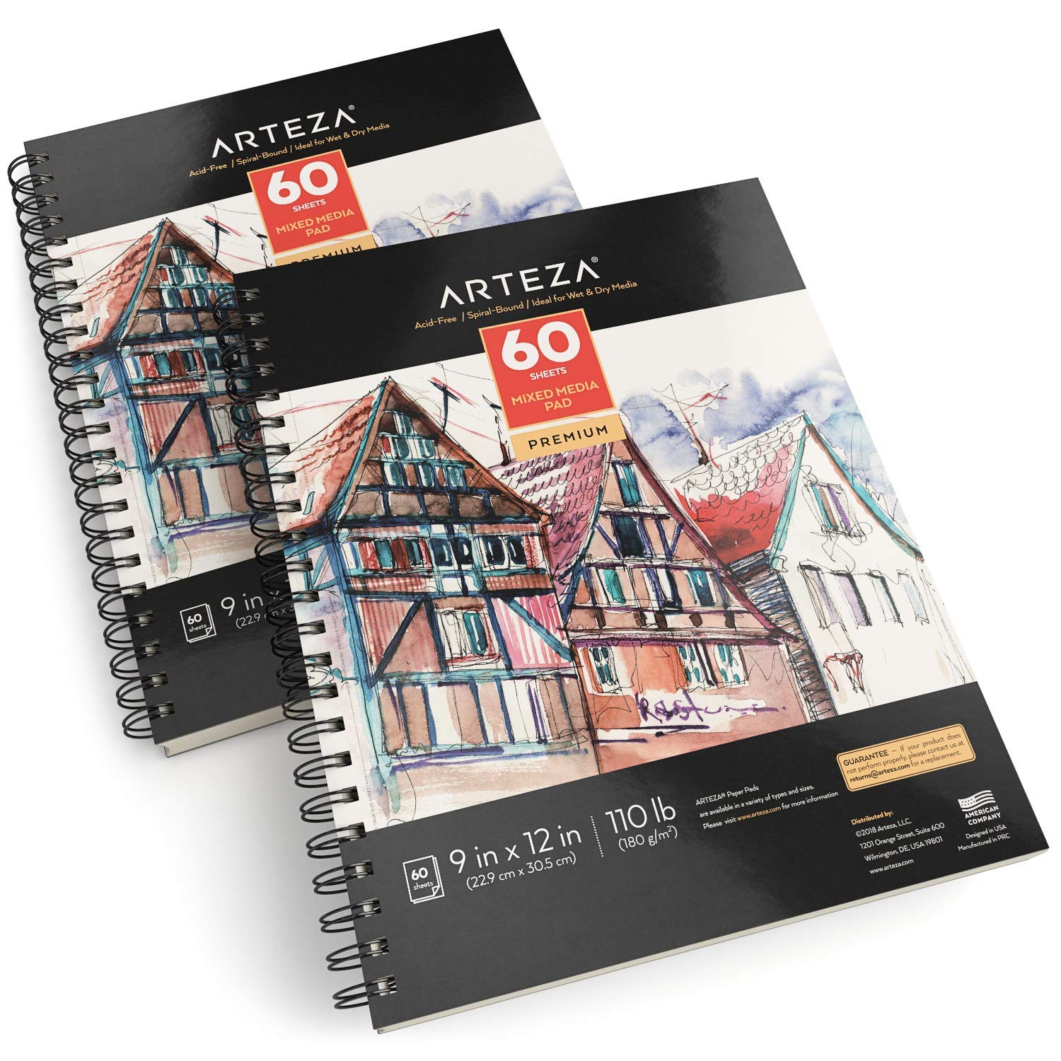 ARTEZA Mixed Media Sketchbook, 9 x 12 Inches, Pack of 2, 60 Sheets Each, Spiral-Bound Drawing Paper Pad for Wet and Dry Media
