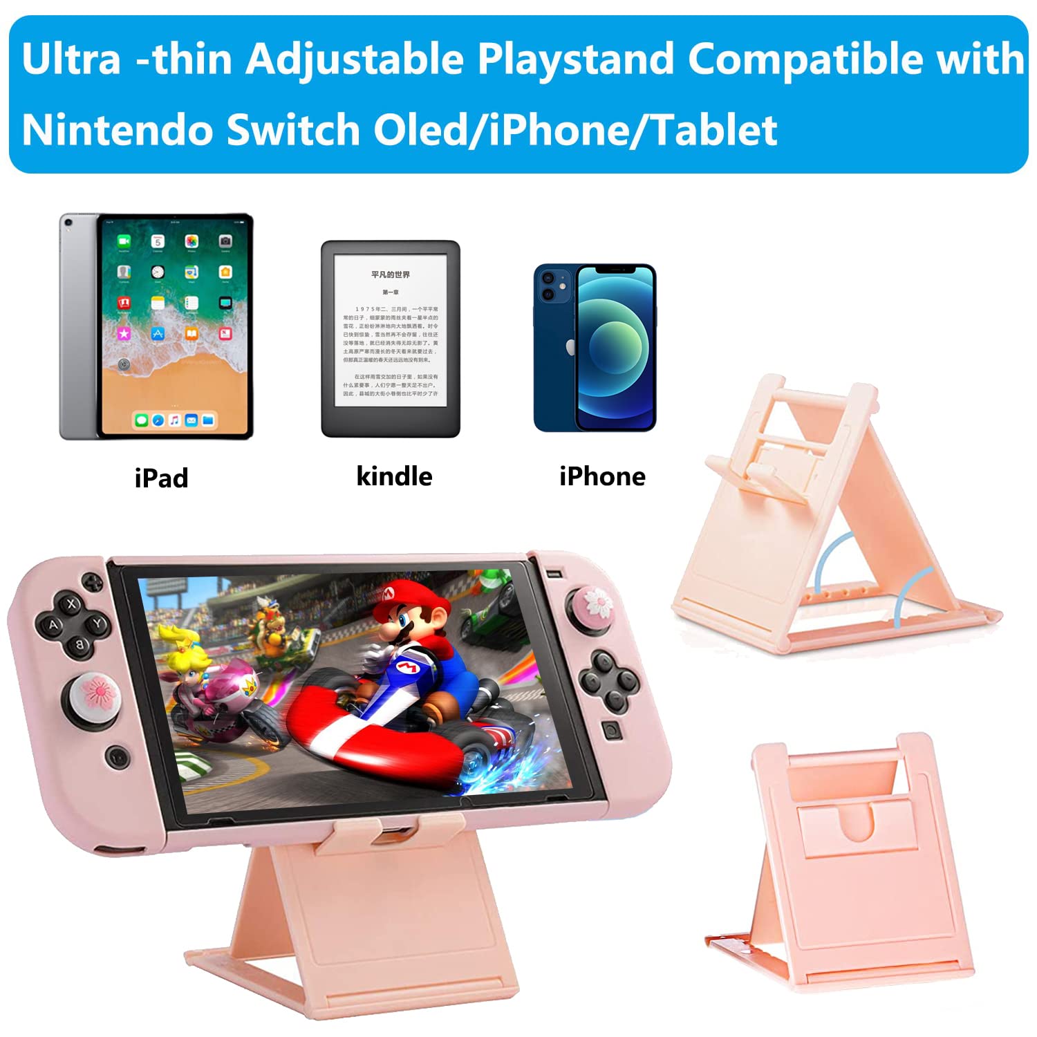 OLDZHU Pink Travel Carrying Case Accessories Kit Compatible with Nintendo Switch OLED 2021,10 in 1 Protection Kits with Hard Protective Cover,Glass Screen Protector,Adjustable Stand,Thumb Grip Caps