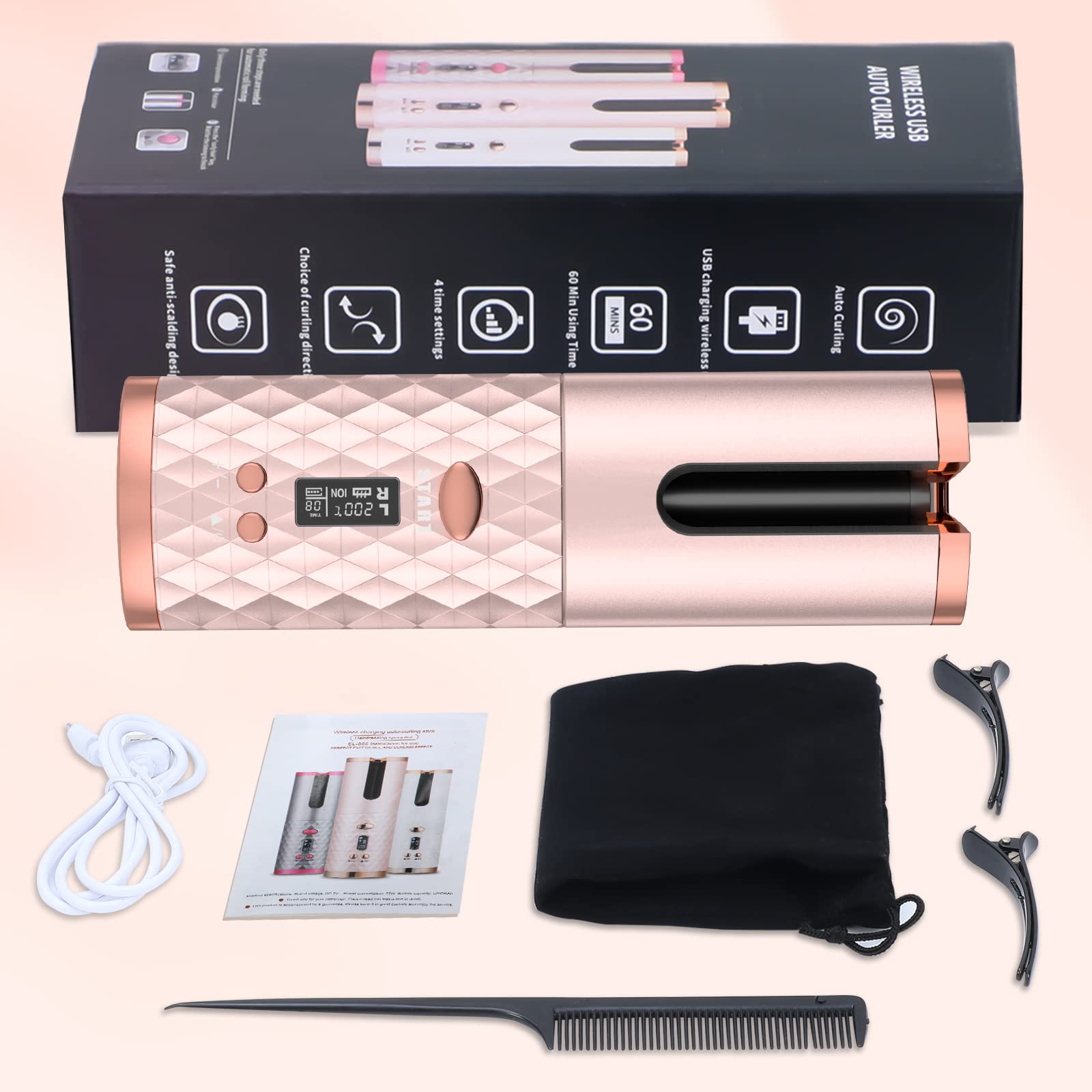 Automatic Curling Iron, Cordless Auto Hair Curler w/ 6 Temp & Timer, Rechargeable Ceramic Hair Curlers, Portable Rotating Curling Wand Styling Tool, Fast-Heating, Auto Shut Off