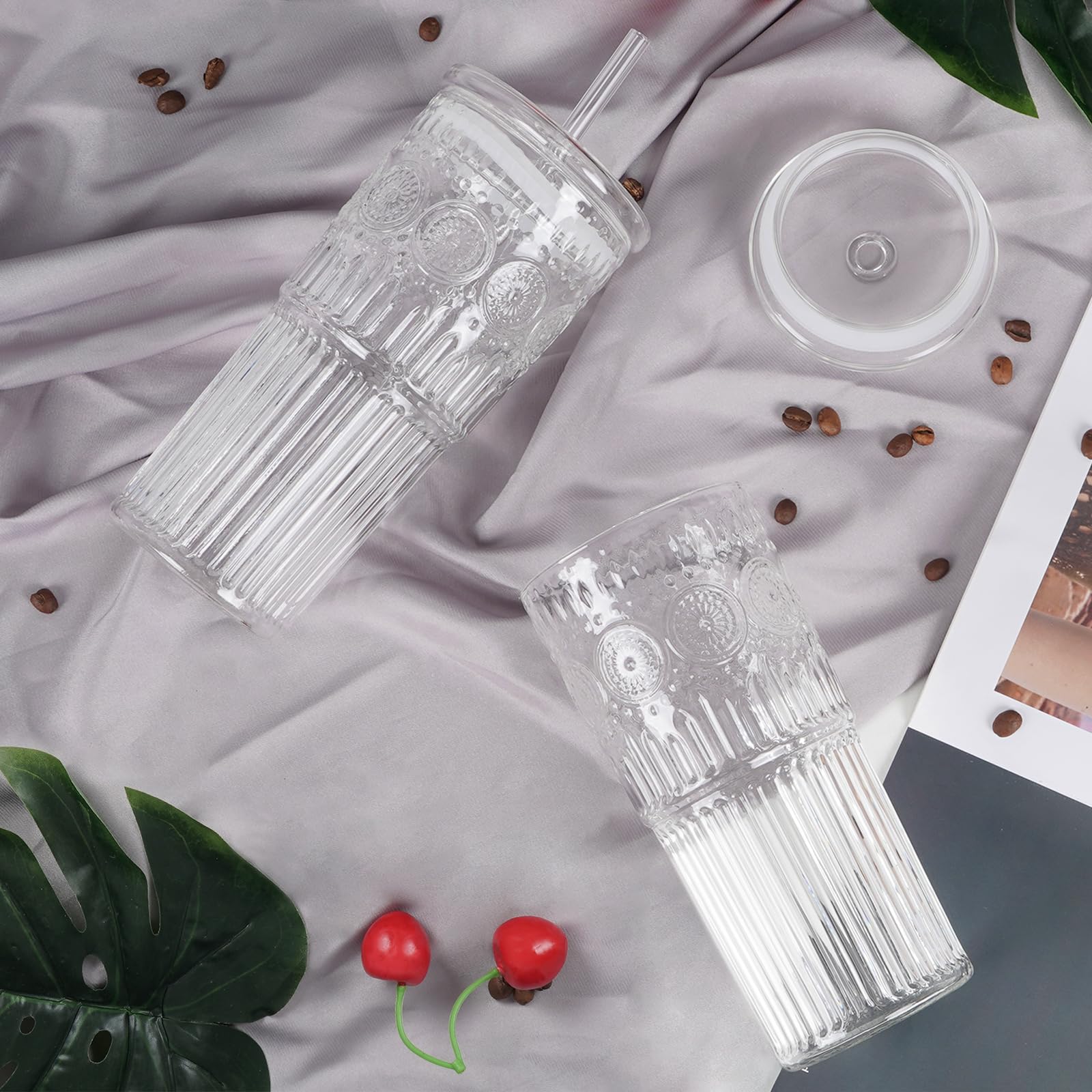 Bandesun All Glass Iced Coffee Cup With Lids and Straws,24 OZ High Borosilicate Glass Tumbler for Water Smoothie Juice Drinks
