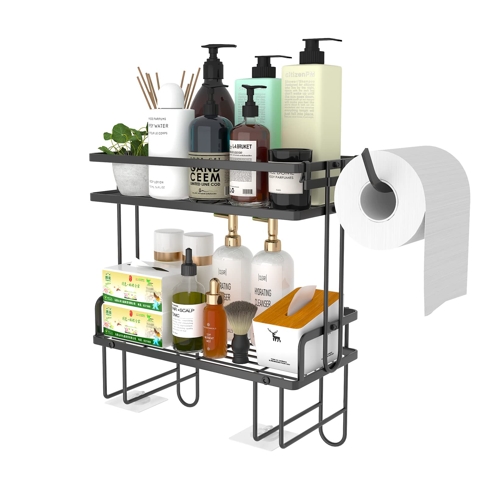 KYLE & KAY Bathroom Over The Toilet Storage Shelf, Bathroom Storage Organizer with Toilet Paper Holder & Space Saver, 2-Tier Bathroom Storage Organizer Shelves (Black)