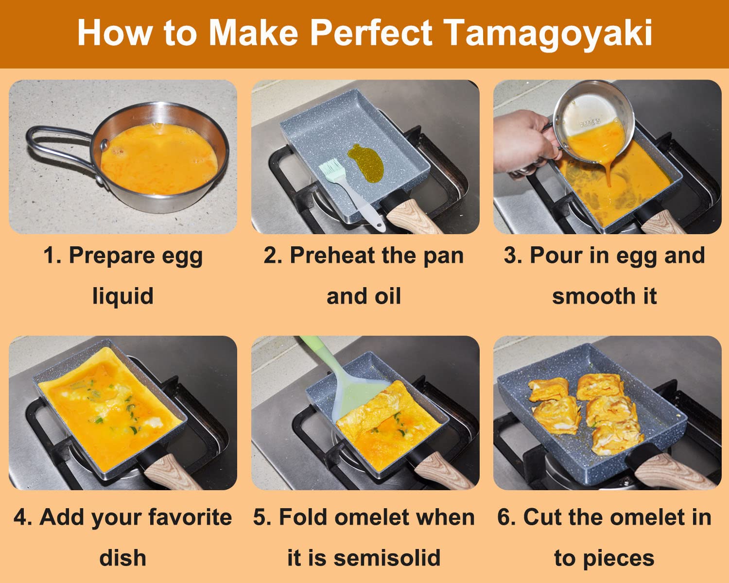BaronCara Tamagoyaki Pan with Spatula and Brush, Egg Pan, Japanese Nonstick Omelette Pan, Rectangle Tamago Pan, Small Frying Pan, 7.5" x 5.5", Grey