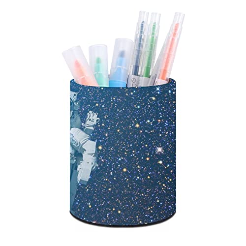 Astronaut Space Pen Holder PU Leather Pencil Cup Cute Desk Organizer Makeup Brush Box for Home Office