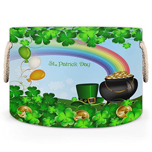St Patrick's Day Rainbow Large Round Baskets for Storage Laundry Baskets with Handles Blanket Storage Basket for Bathroom Shelves Bins for Organizing Nursery Hamper Girl Boy