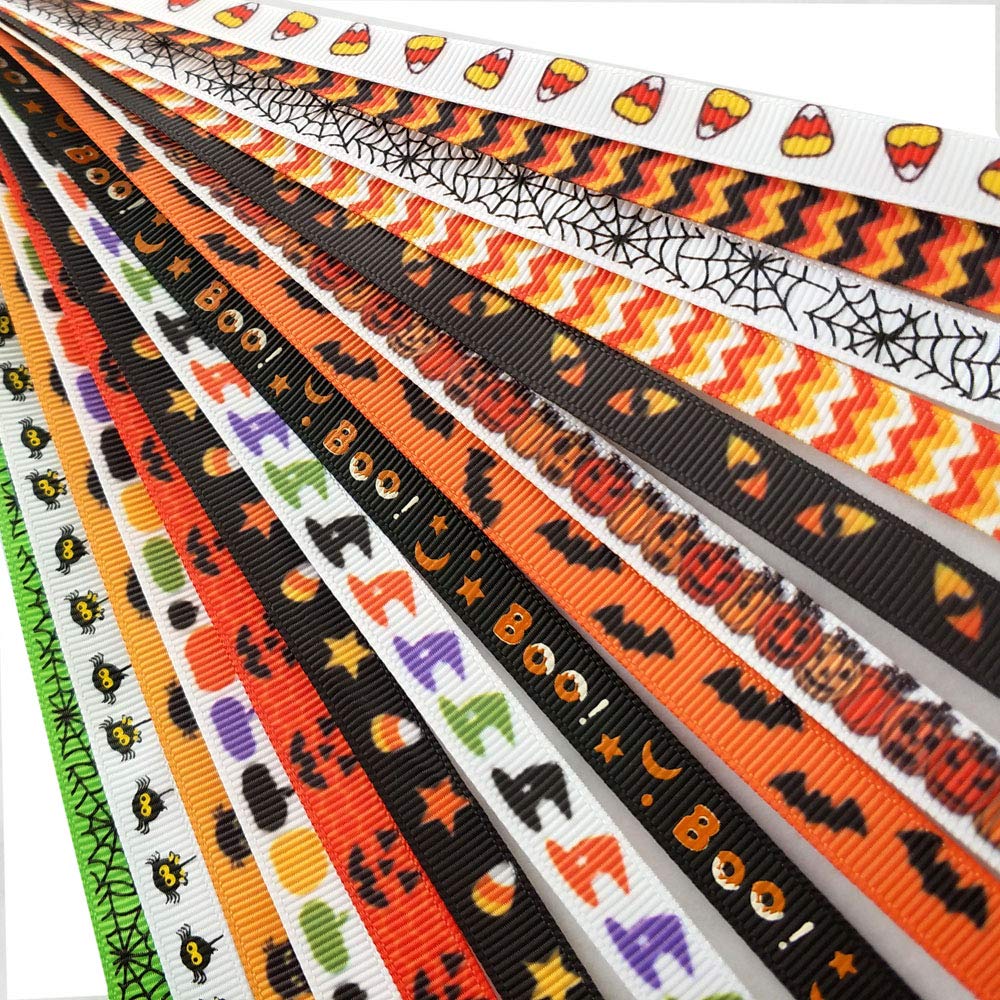 Chenkou Craft 3/8" (10mm) Assorted 15yards Halloween Grosgrain Ribbon DIY Craft Accessory Happy Halloween Ribbons (Halloween, 3/8"(10mm))