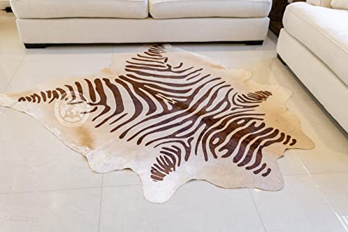 Zebra Print Brown on Beige Genuine Cowhide Rug Size 6 x 7 ft. 180 x 210 cm