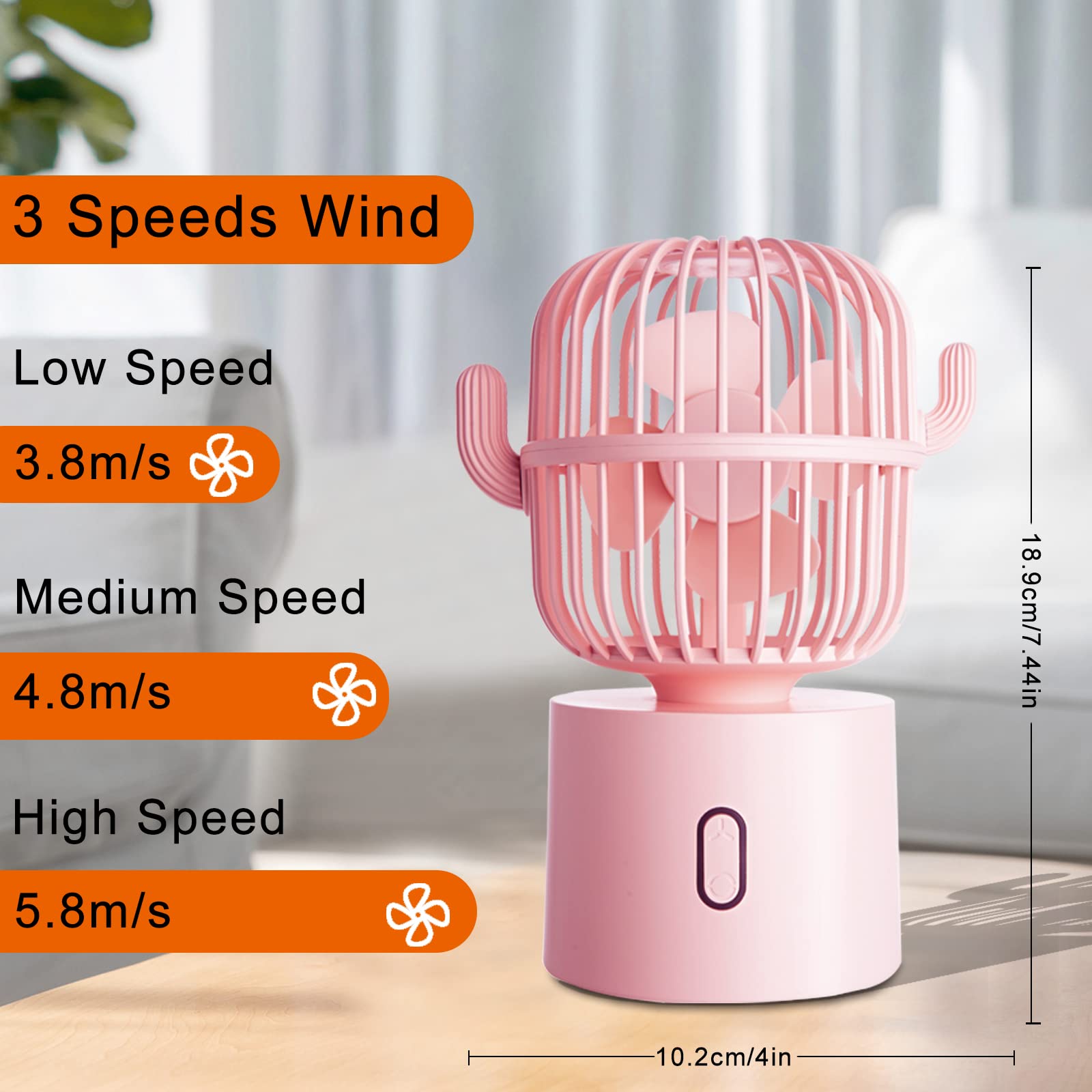 Growiner Cactus Fan, Cute Desk Fan Small Mini Office Desk Fan Quiet, 80 Degree Rotation USB Portable Fans 3 Speeds Strong Wind, Cactus Office Supplies, Personal Table Desktop Fan Decor (Green)