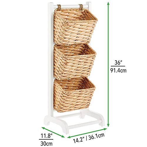 mDesign Water Hyacinth 3-Tiered Storage Baskets Floor Stand with Market Basket Storage Bins - Vertical Standing Rack for Living Room, Laundry, Bedroom, Bathroom, Office Organization - White/Natural
