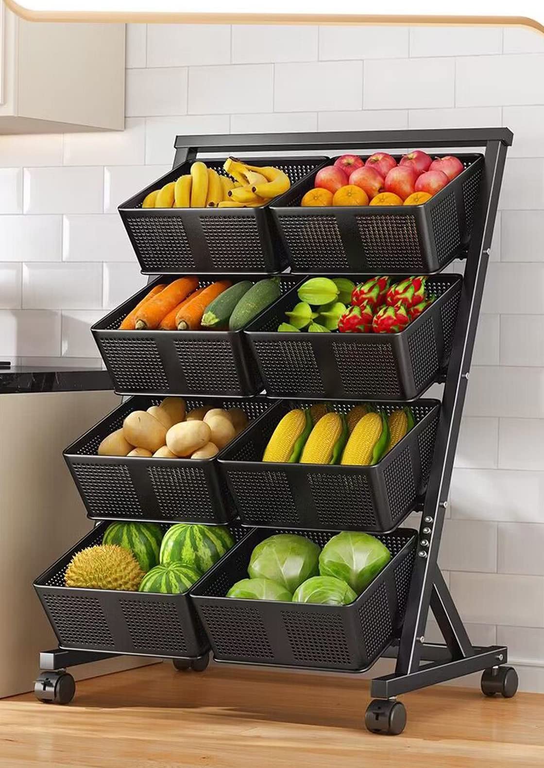 asunflower Kitchen Baskets Storage Cart 4 Tier Rolling Cart with Wheels Metal Fruit Baskets Rack Utility Organzier Cart with Push Handle Wire Fruit Vegetable Stand, Black